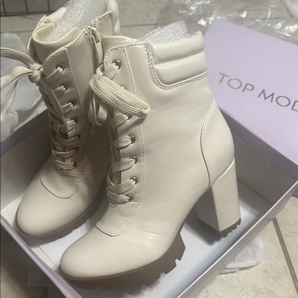 TOP Moda | Shoes | Top Moda Ivory Heeled Boots With Chunky Heel And ...